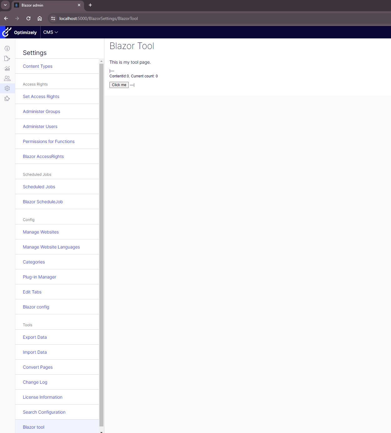 Blazor components in Optimizely CMS admin/edit interface